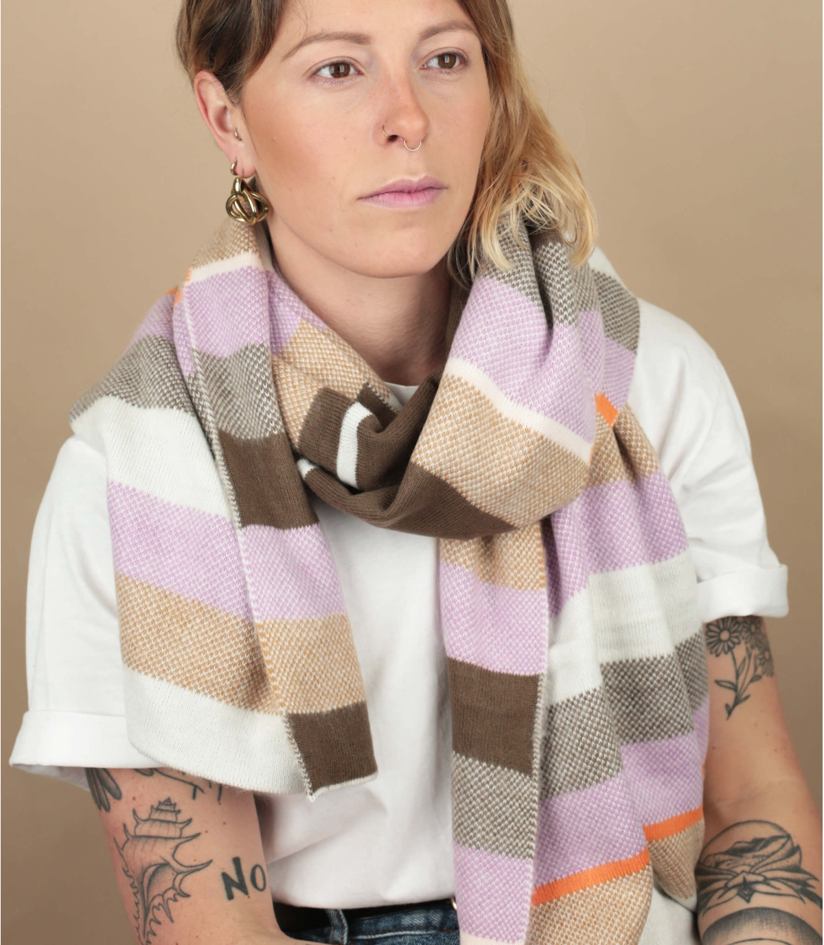 Women's beige brown and purple stripes scarf - Vichy Scarf brown Barts ...
